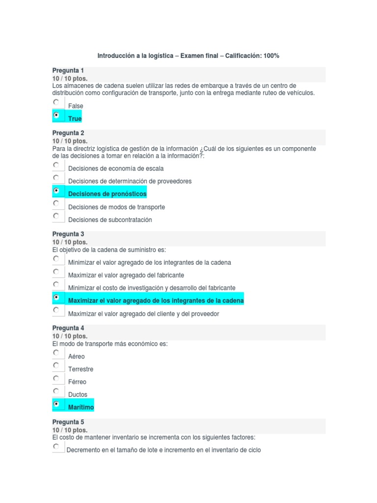 Introduccion A La Logistica Examen Final | PDF | Inventario | Logística
