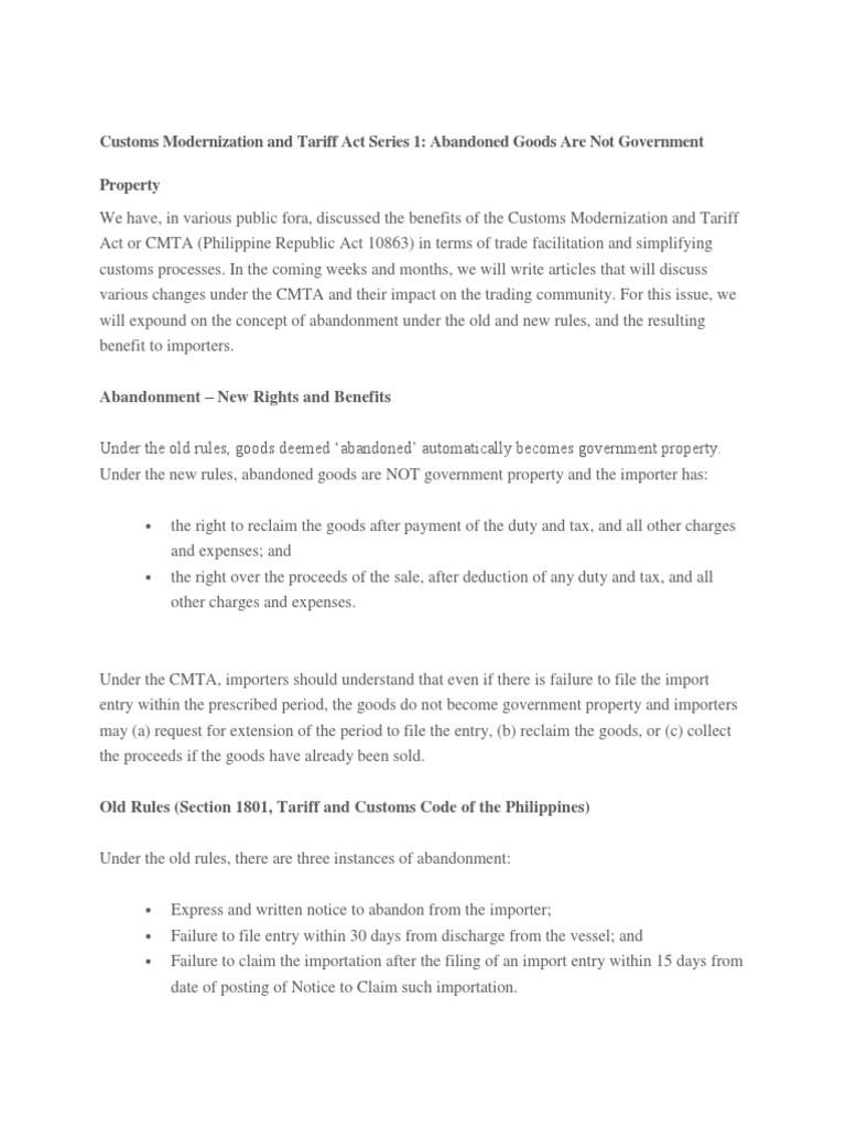 Customs Modernization and Tariff Act Series | PDF | Customs | Trade