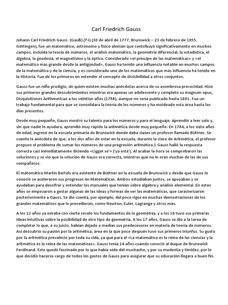 Biografia de Carl Friedrich Gauss | PDF | Enseñanza de matemática | Science