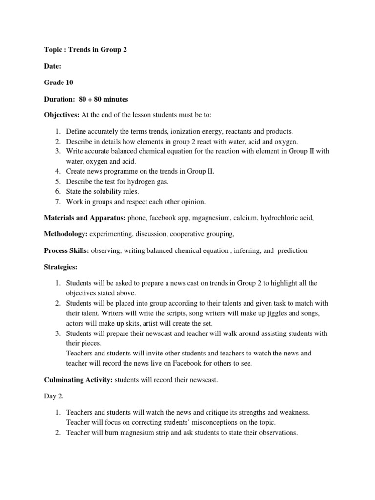 Trends Lesson Plan | PDF | Chlorine | Ion