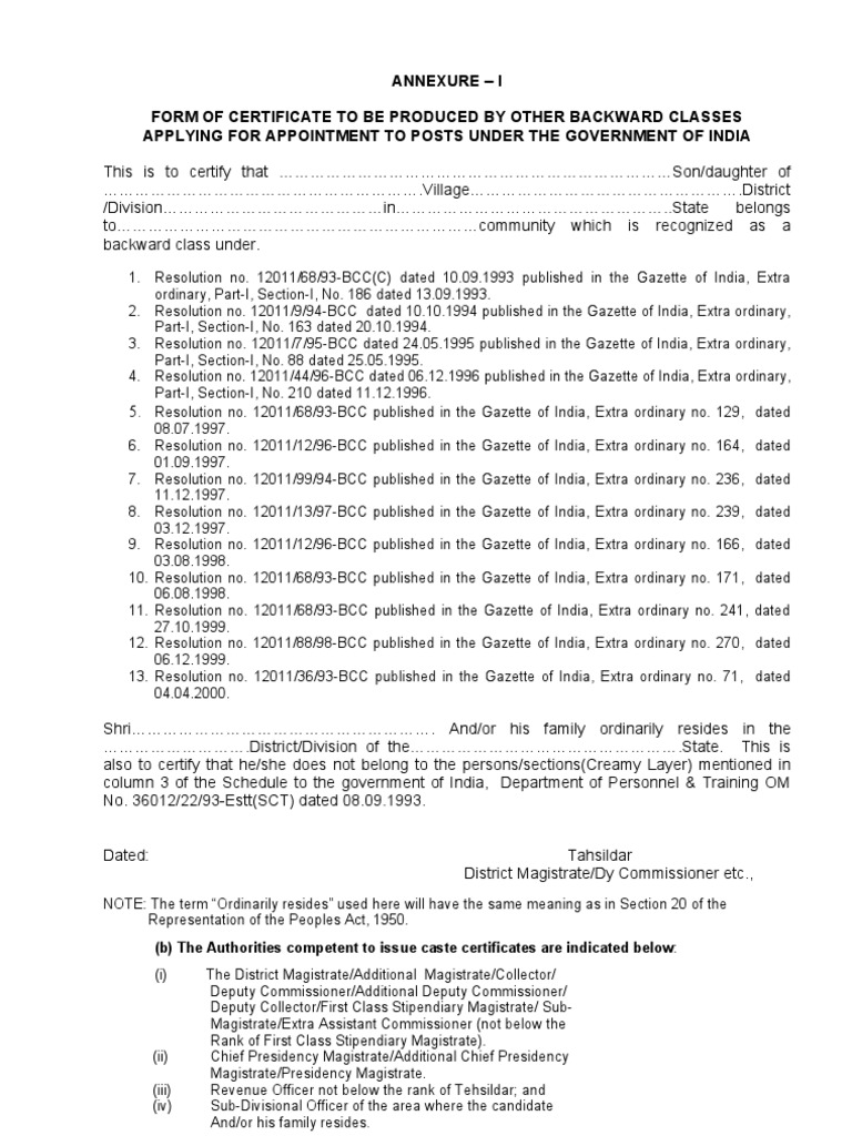 Format of Community Certificate Obc 21052010 | Politics Of India | Justice