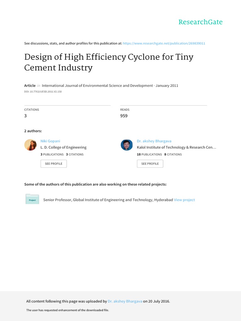 Design of High Efficiency Cyclone For Tiny Cement Industry | PDF | Flow ...