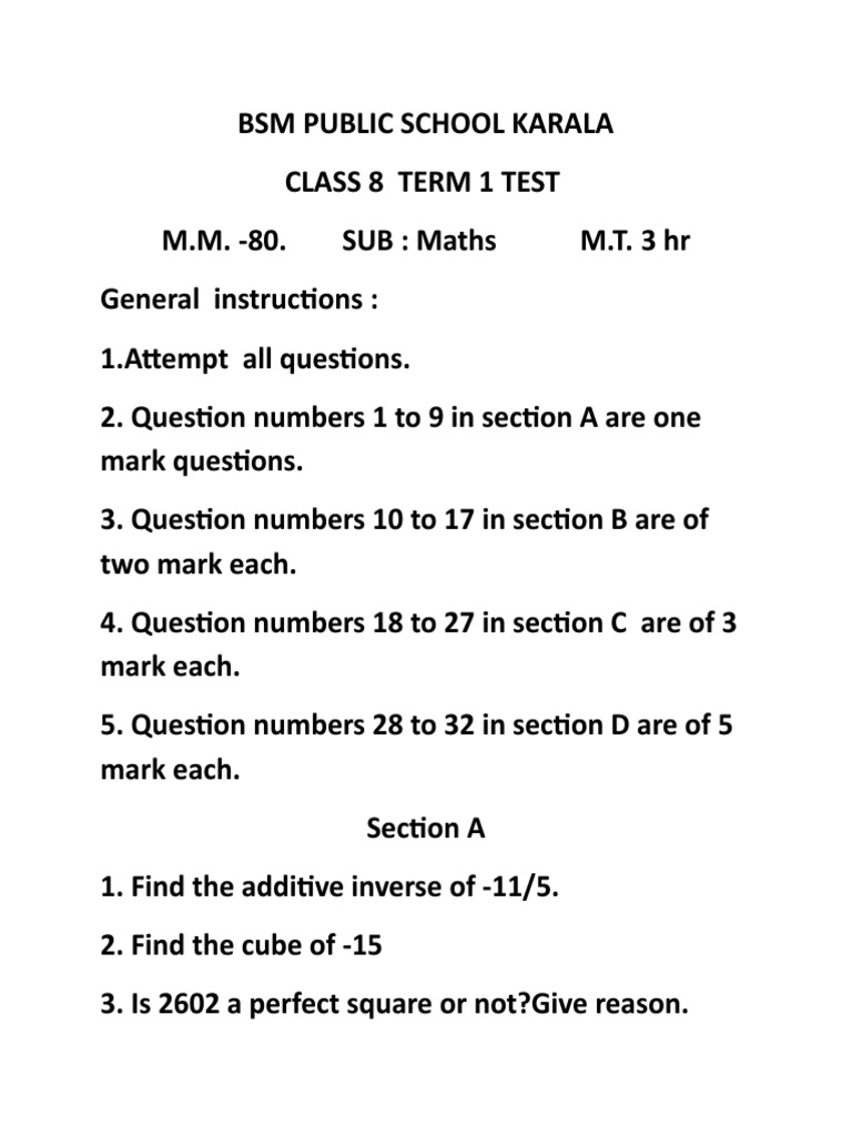 BSM Public School Class 8 Maths | PDF | Fraction (Mathematics ...