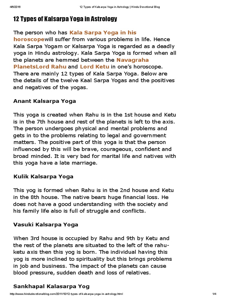12 Types of Kalsarpa Yoga in Astrology - Hindu Devotional Blog PDF ...