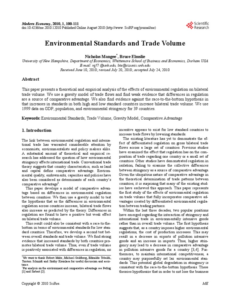 Environmental Standards and Trade Volume: Nicholas Mangee, Bruce ...