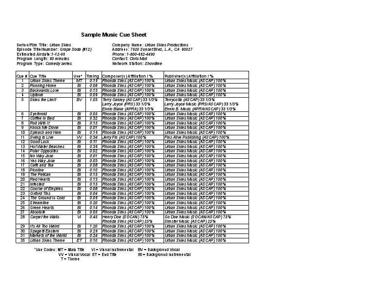 Sample Cue Sheet | PDF | Leisure | Rock And Roll Music