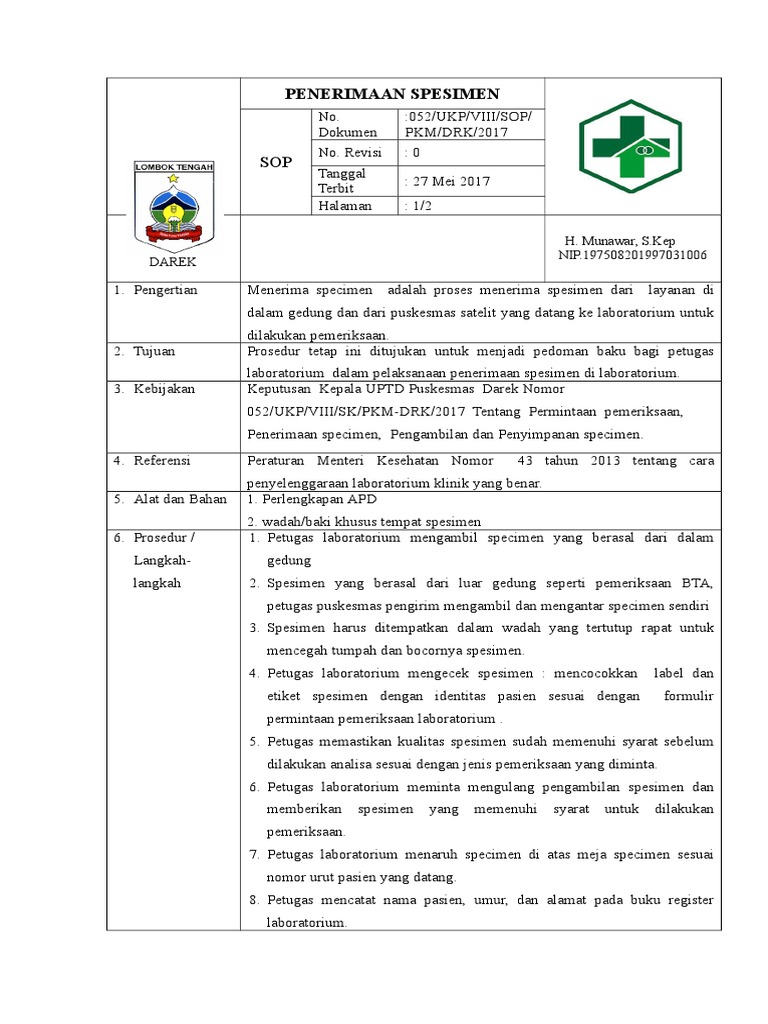 8.1.2.1.a. SOP Penerimaan Spesimen Lab | PDF