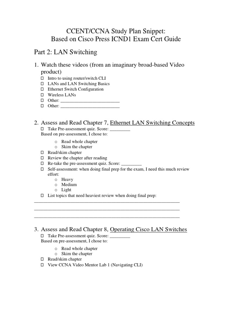 CCENT/CCNA Study Plan Snippet: Based On Cisco Press ICND1 Exam Cert Guide Part 2: LAN Switching ...