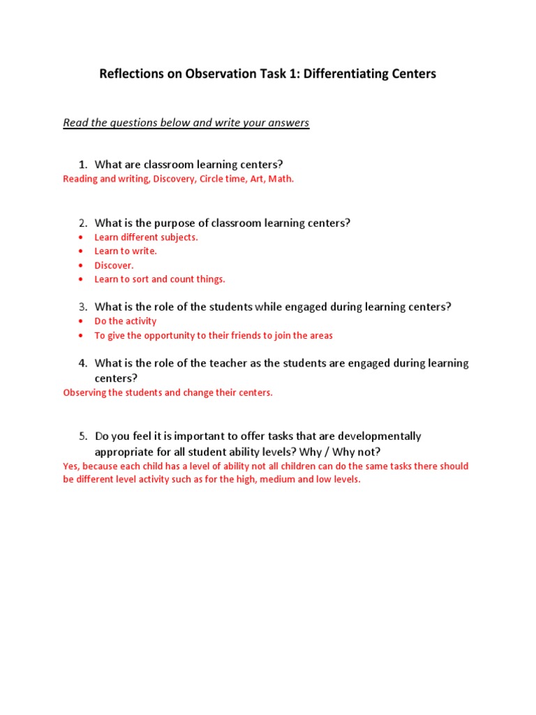 Reflections On Observation Task 1: Differentiating Centers: Read The ...