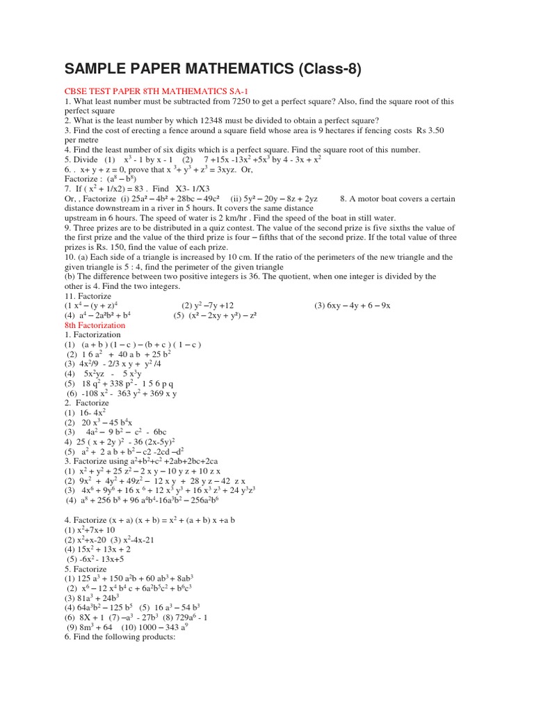 Sample Paper Mathematics Class 8th Icse Cbse | PDF | Compound Interest ...