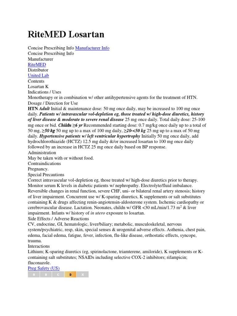 Ritemed Losartan: Manufacturer Info | Download Free PDF | Drugs ...