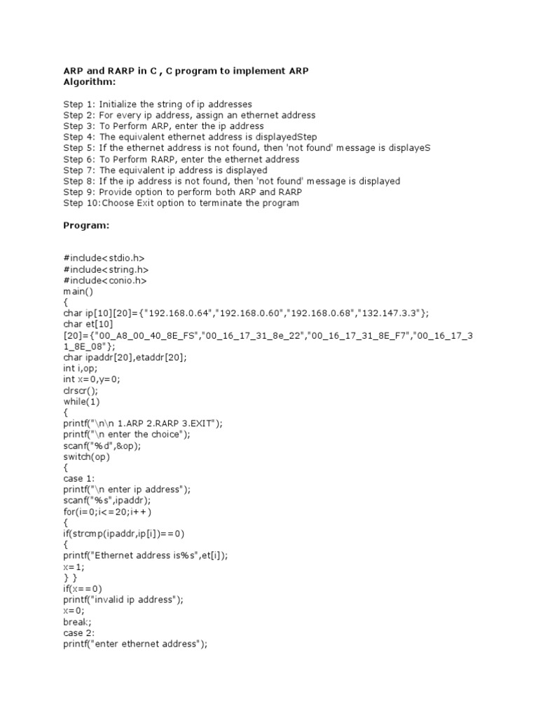 Arp And Rarp C Program To Implement Address Resolution Pdf
