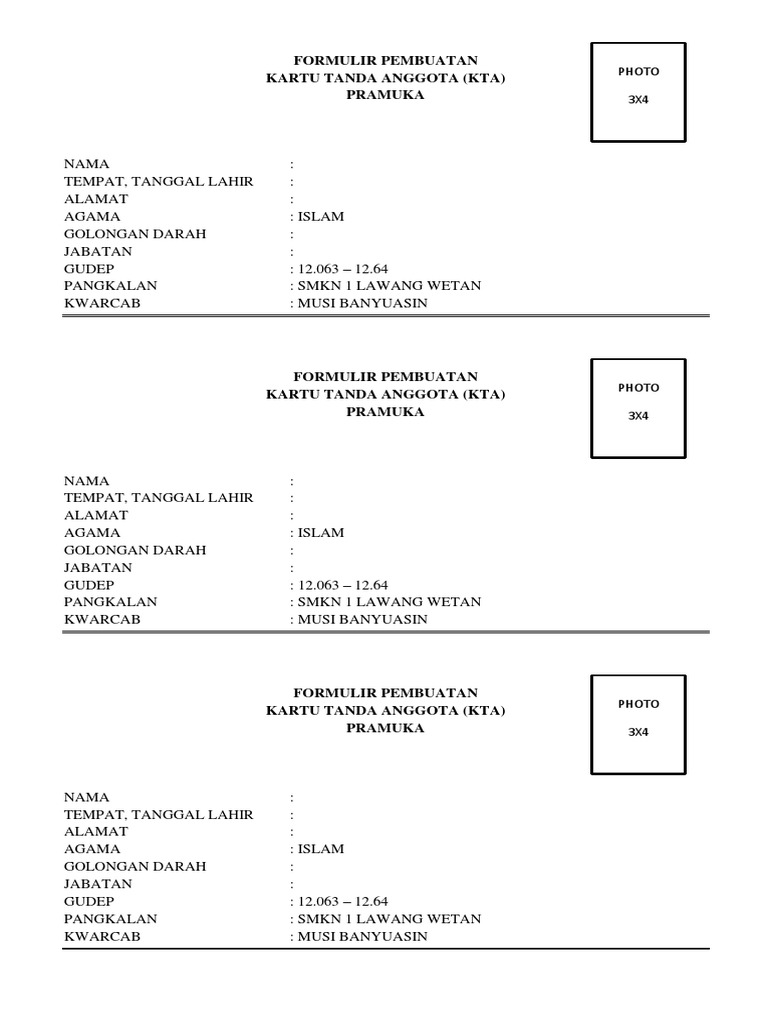 Formulir Data Pribadi Anggota Pramuka untuk Kartu Tanda Anggota (KTA ...