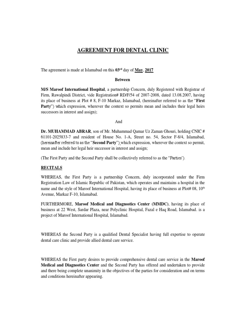 Dental Clinic Agreement | PDF | Indemnity | Arbitration