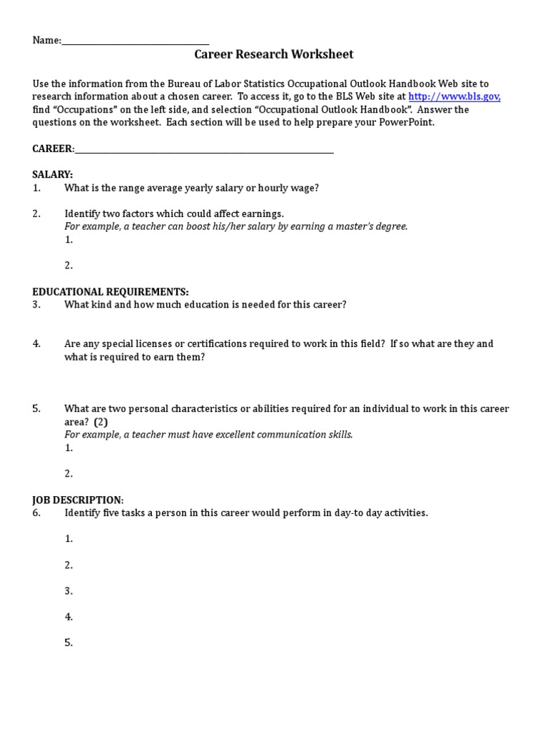 Career Research Worksheet | PDF | Business