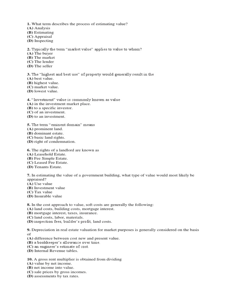 Sample Exam | PDF | Real Estate Appraisal | Market Value