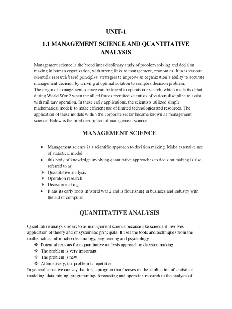 UNIT-1 1.1 Management Science and Quantitative Analysis | PDF | Net ...