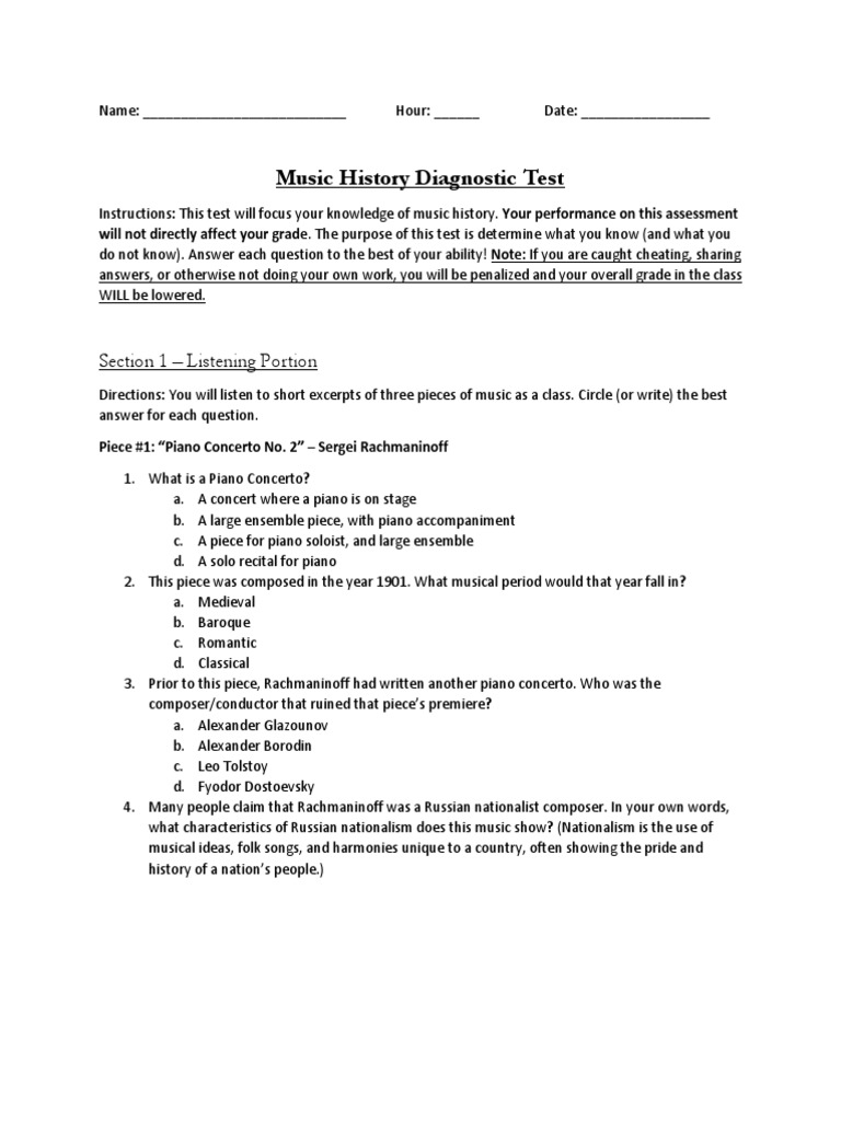 Music History Diagnostic Test | PDF | Classical Period (Music ...