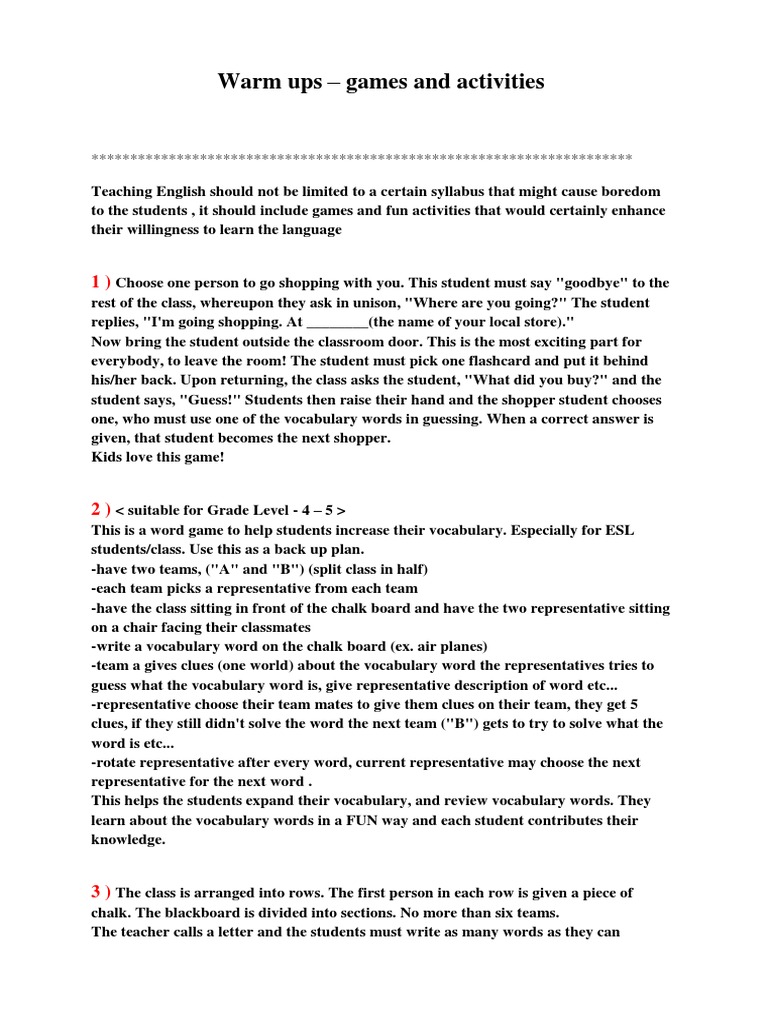 Warm Ups and Activities For Students | PDF | Vocabulary | English Language