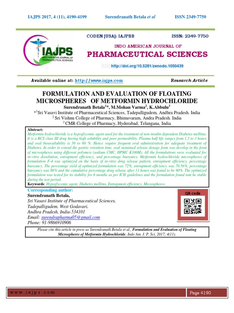Formulation And Evaluation Of Floating Microspheres Of Metformin Hydrochloride Pdf