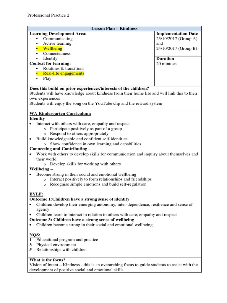 Lesson Plan - Kindness - Block Week1 | PDF | Action (Philosophy) | Learning