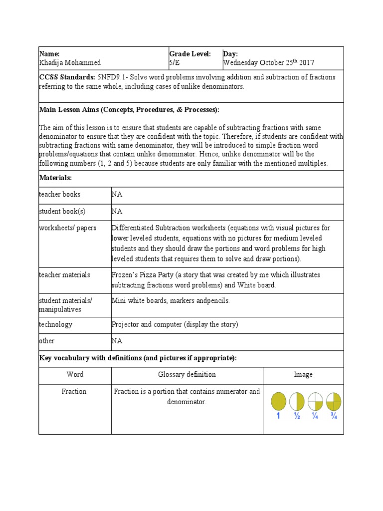 Subtracting Fractions Lesson Plan | PDF | Fraction (Mathematics) | Numbers