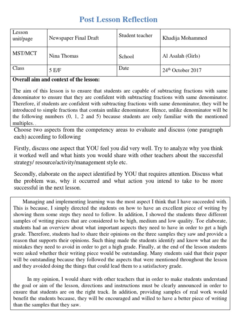 English 1 Lesson Reflection | PDF | Understanding | Fraction (Mathematics)