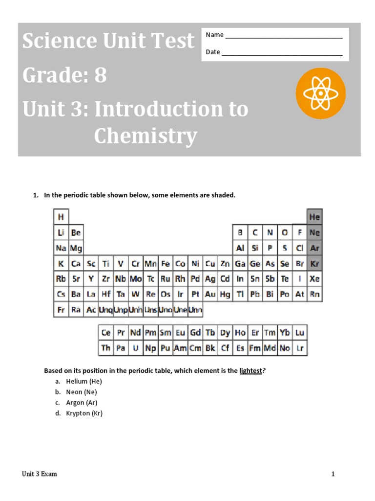 Science Unit Test Grade: 8 Unit 3: Introduction To Chemistry | PDF ...