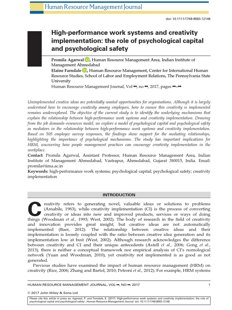High-Performance Work Systems and Creativity Implementation: The Role ...