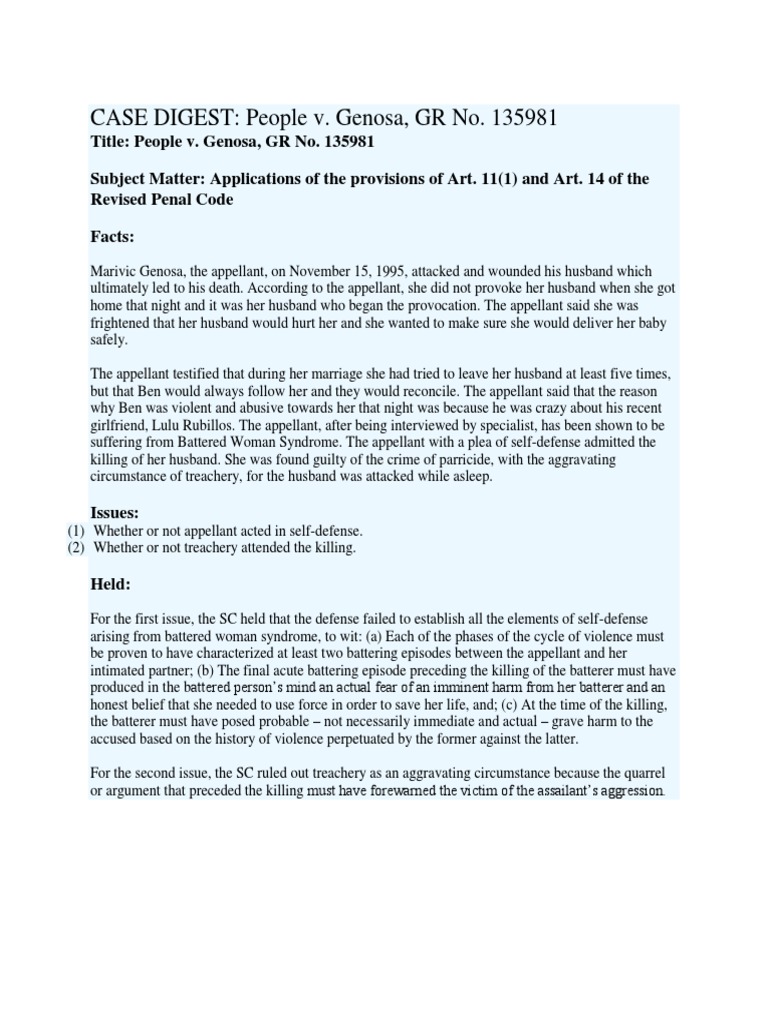 Genosa Case Digest: Self-Defense & Treachery | PDF | Social Science