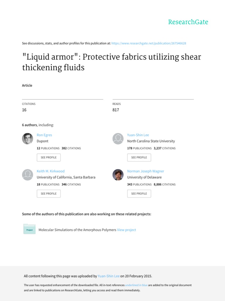 JR Et Al. - 2004 - Liquid Armor Protective Fabrics Utilizing Shear ...