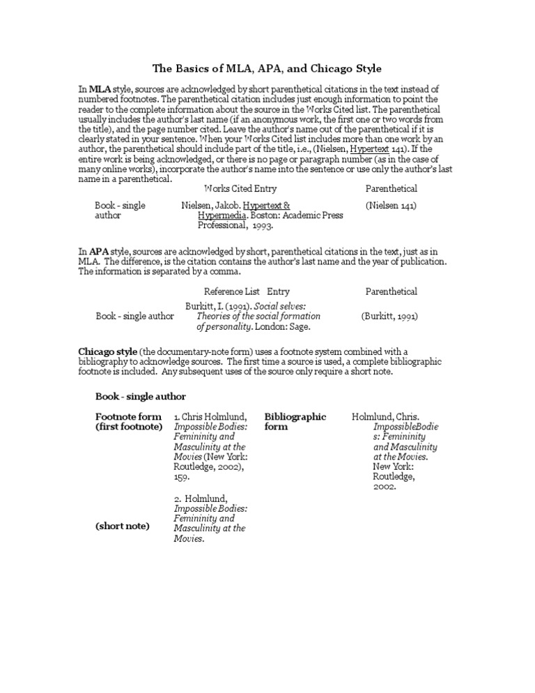 The Basics of MLA APA Chicago Style | PDF | Citation | Book Design