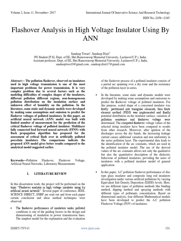 Flashover Analysis in High Voltage Insulator Using by ANN: IJISRT17NV43 ...