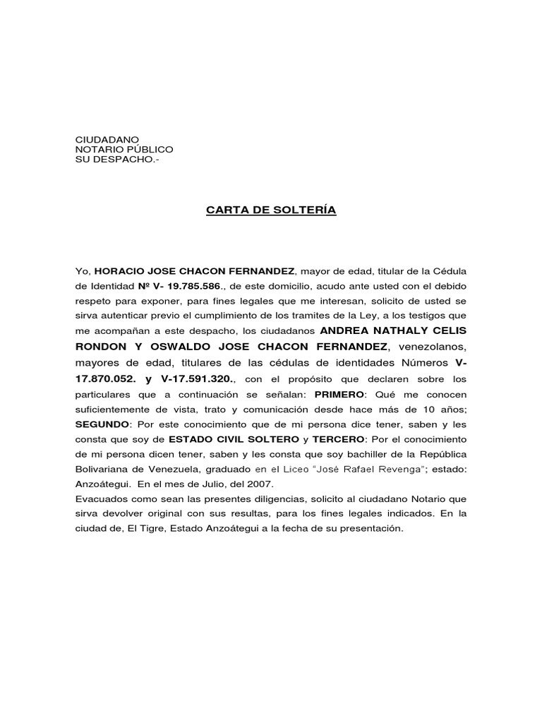 Modelo Carta De Solteria Venezuela