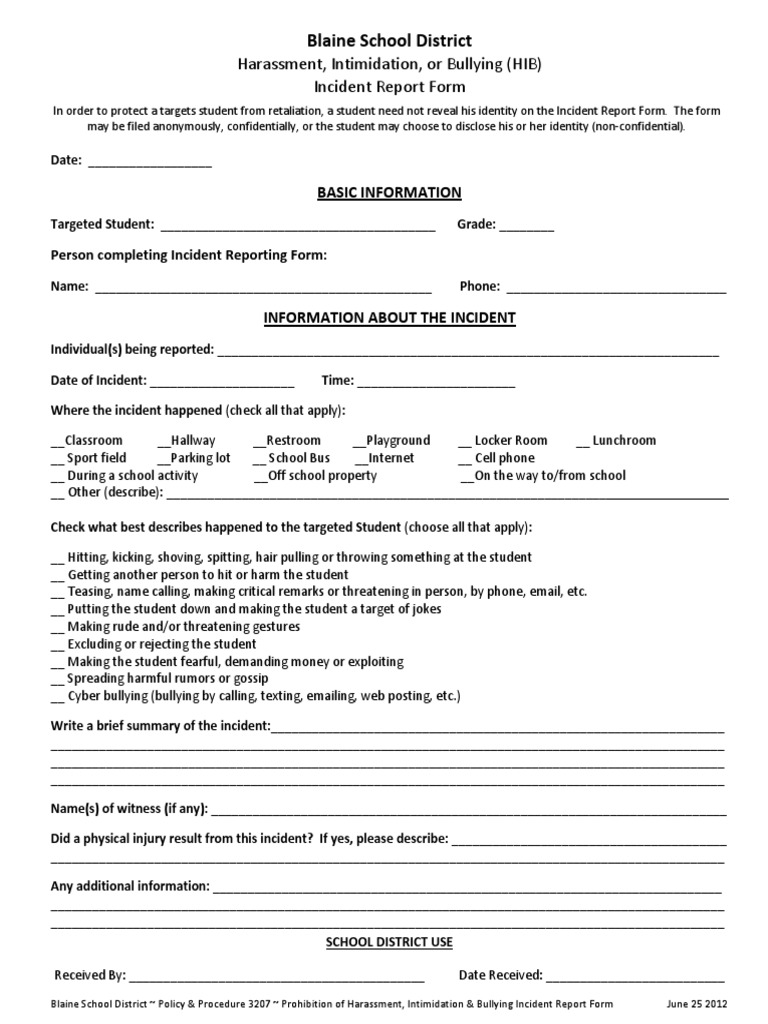 Harassment, Intimidation, or Bullying (HIB) Incident Report Form | PDF ...