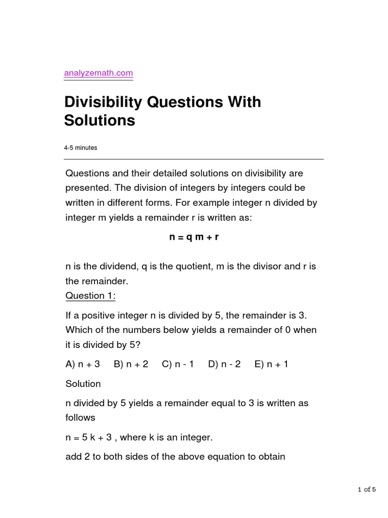 Divisibility Questions With Solutions: 4-5 Minutes | PDF | Division ...