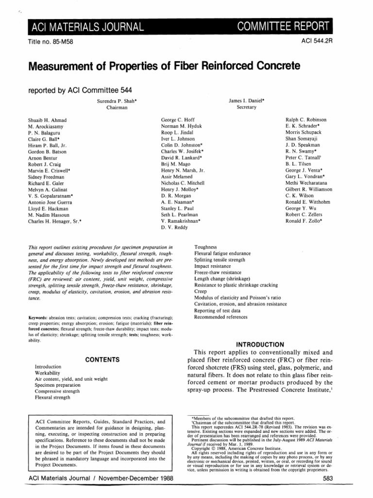 Measurement of Properties of Fiber Reinforced Concrete: Aci Materials Journal Commitiee Report ...