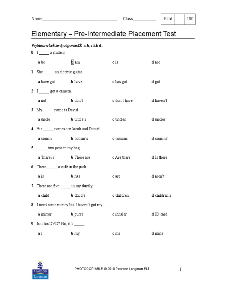 Elementary Pre-Intermediate Placement Test | PDF | Leisure