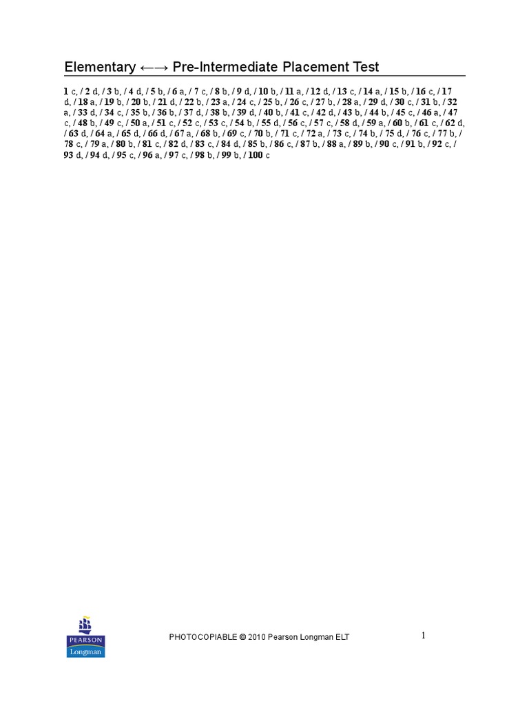 Elementary ←→ Pre-Intermediate Placement Test: PHOTOCOPIABLE © 2010 ...