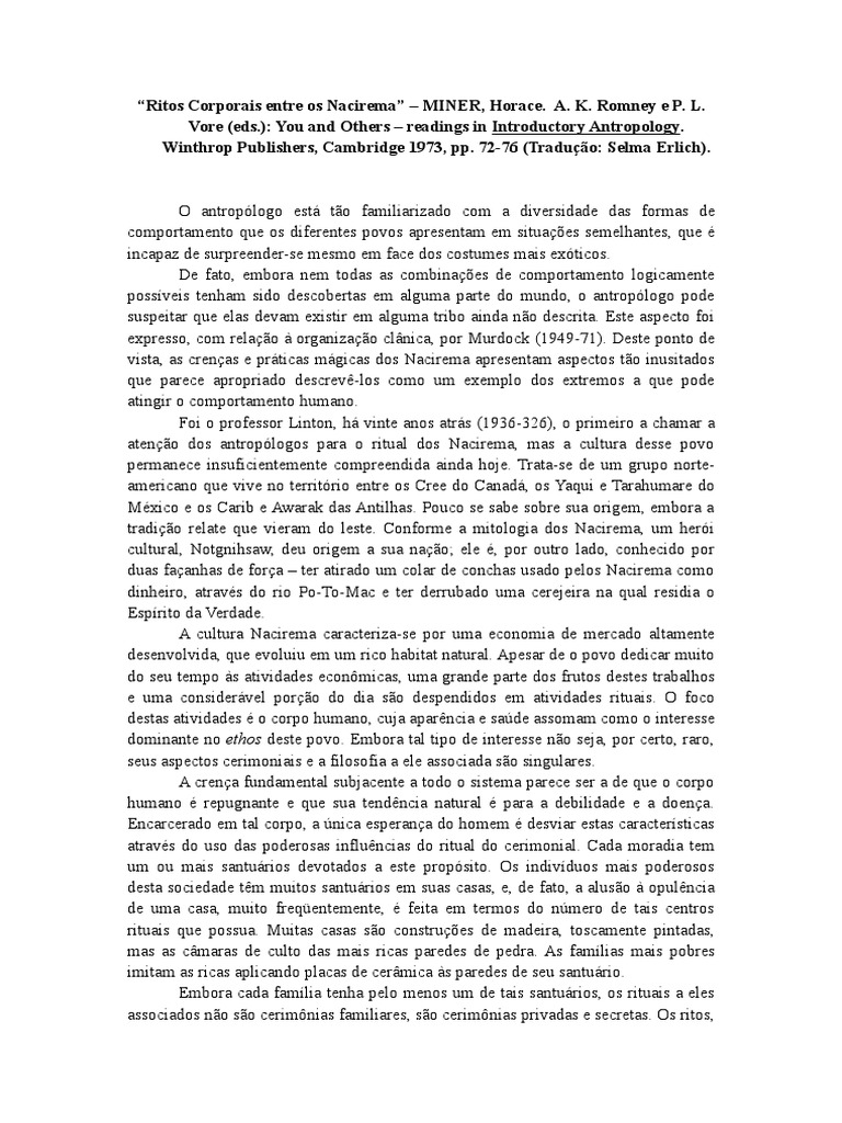 Miner, Horace - 1973 - Ritos Corporais Entre Os Nacirema | PDF ...