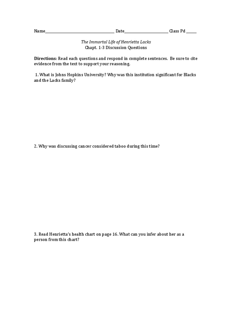 The Immortal Life of Henrietta Lacks CH 1-3 Discussion Questions | PDF ...