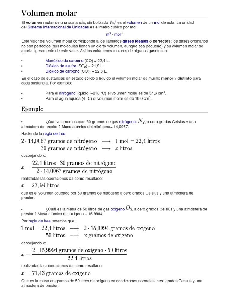 Definición y ejemplos de volumen molar | PDF