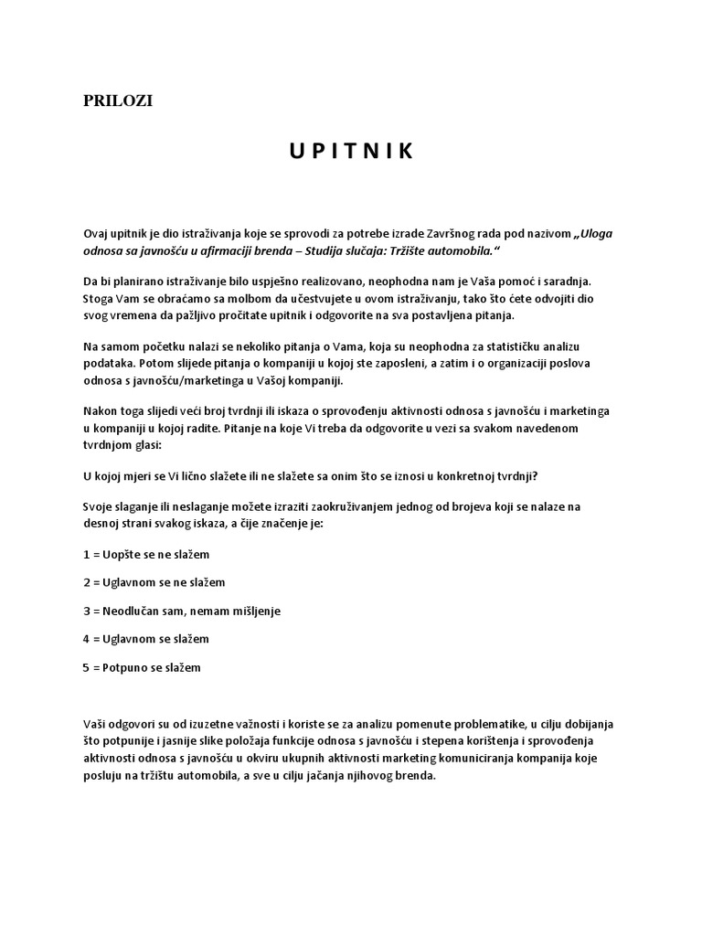 ANKETNI UPITNIK -Primjer