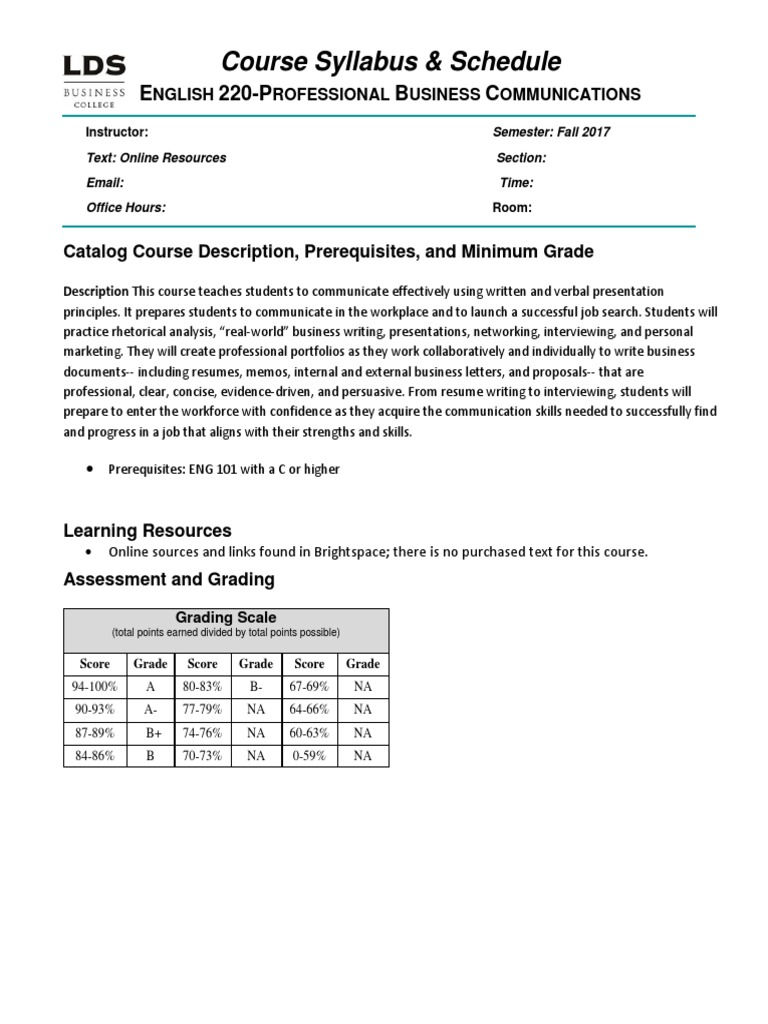 Eng 220 Classroom Syllabus | PDF | Course Credit | Educational Assessment