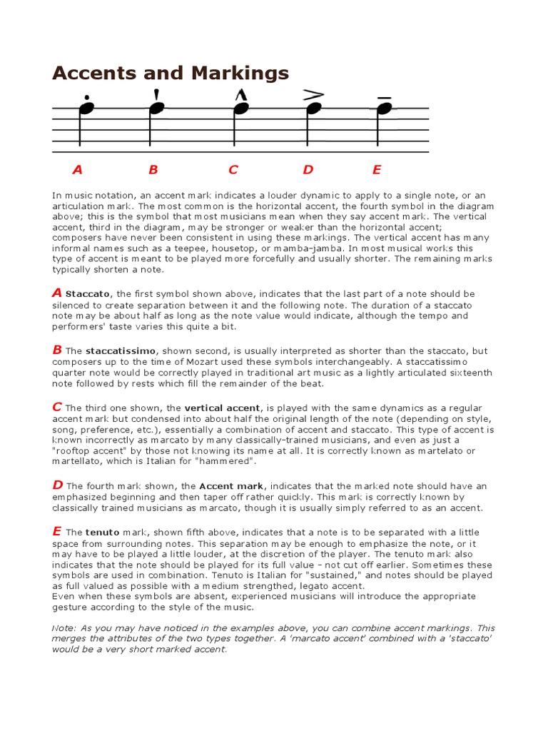 Accents and Markings: A B C D E | PDF | Music Theory | Notation