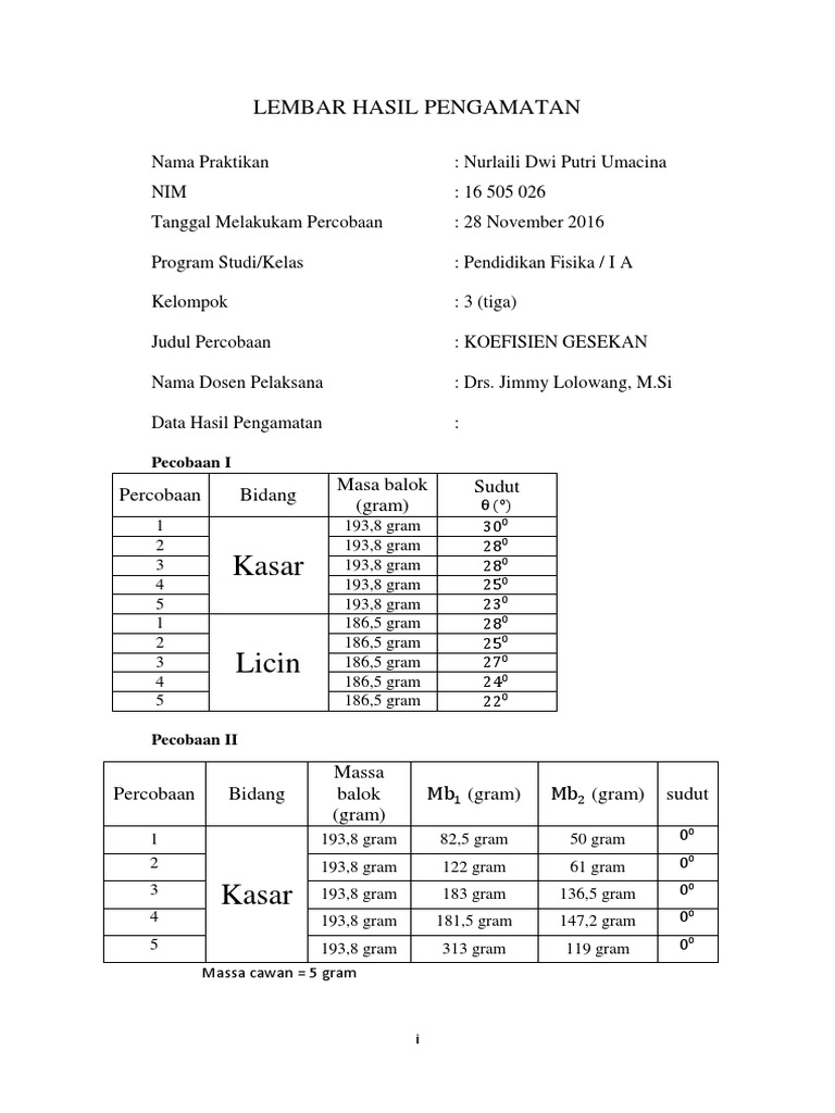 Laporan Praktikum Koefisien Gesekan Kls A | PDF