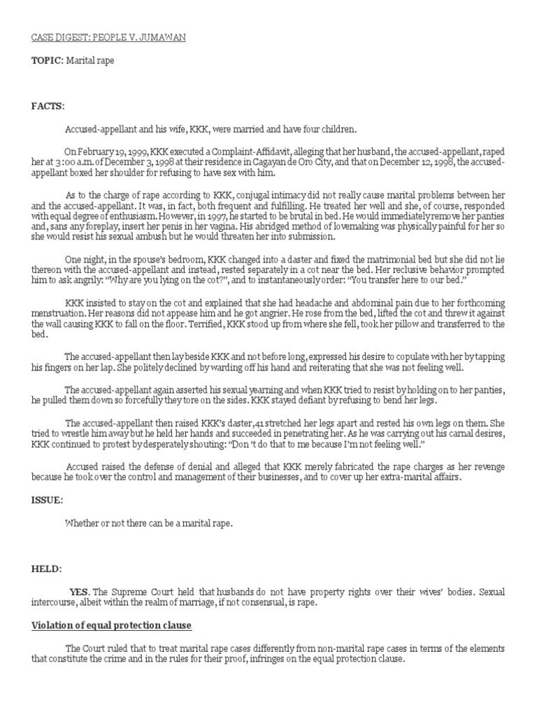 TOPIC: Marital Rape: Case Digest: People V. Jumawan | PDF | Rape | Consent