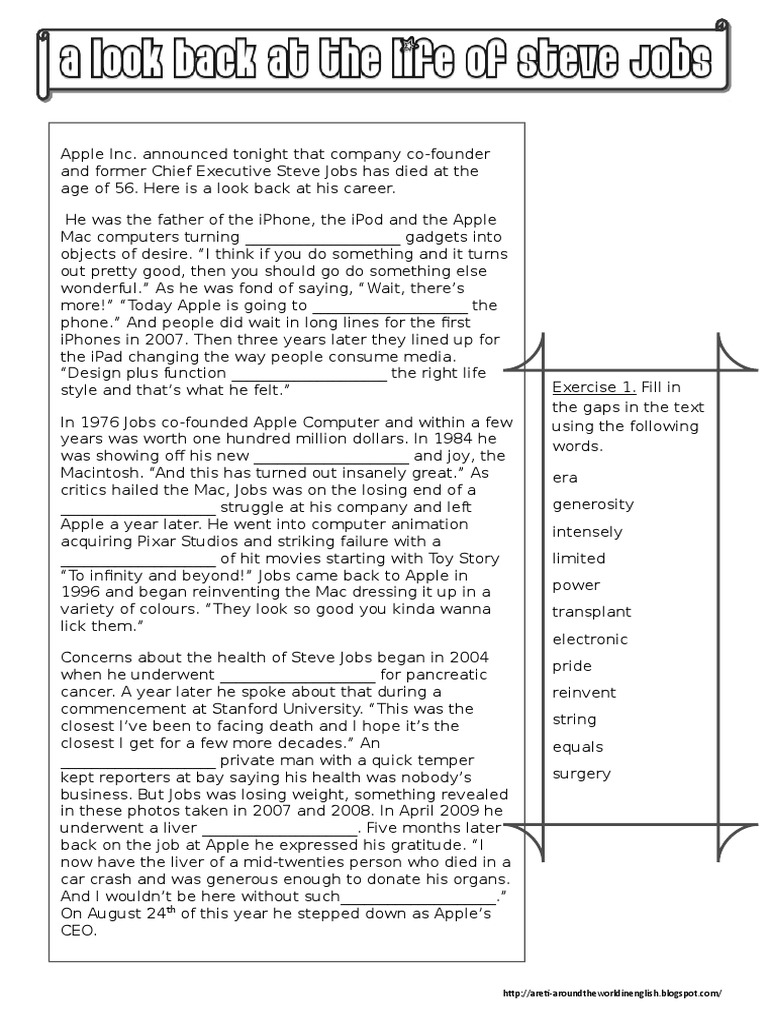 A Look Back at The Life of Steve Jobs Reading Comprehension Exercises ...