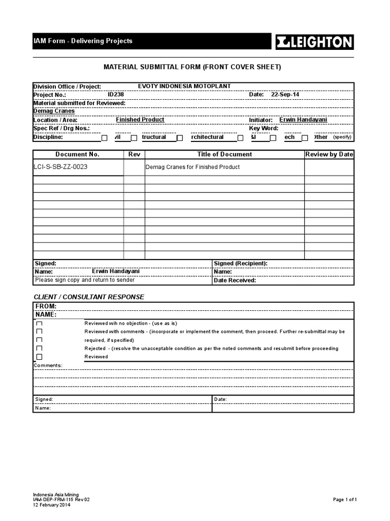 Material Submittal Form (Front Cover Sheet) : IAM Form - Delivering ...