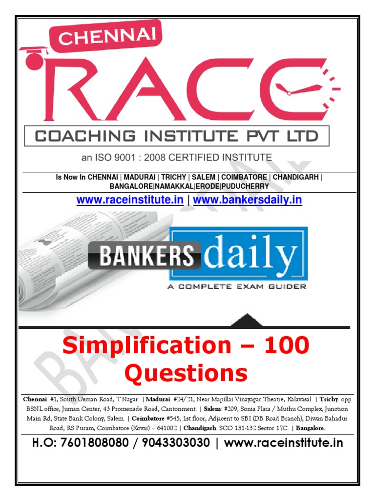 Simplification - 100 Questions: WWW - Raceinstitute.in WWW - Bankersdaily.in | PDF